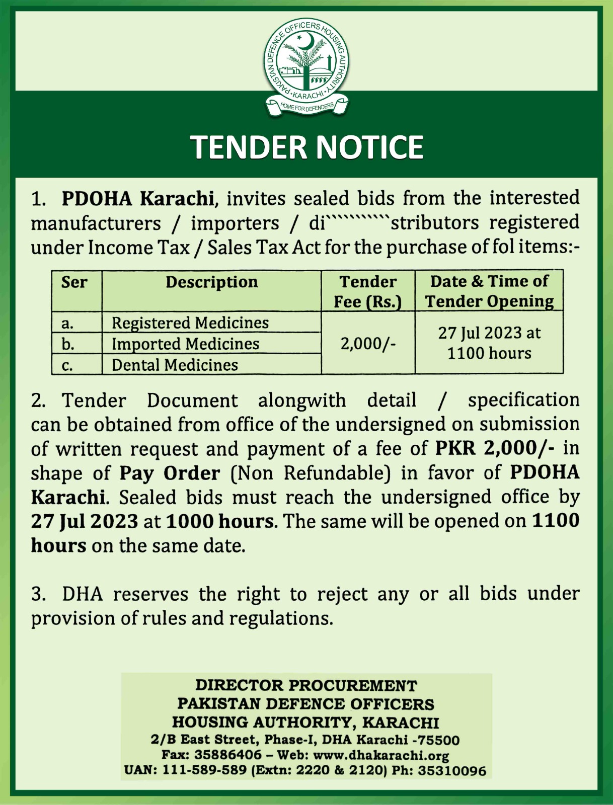 Tenders – DHA Karachi